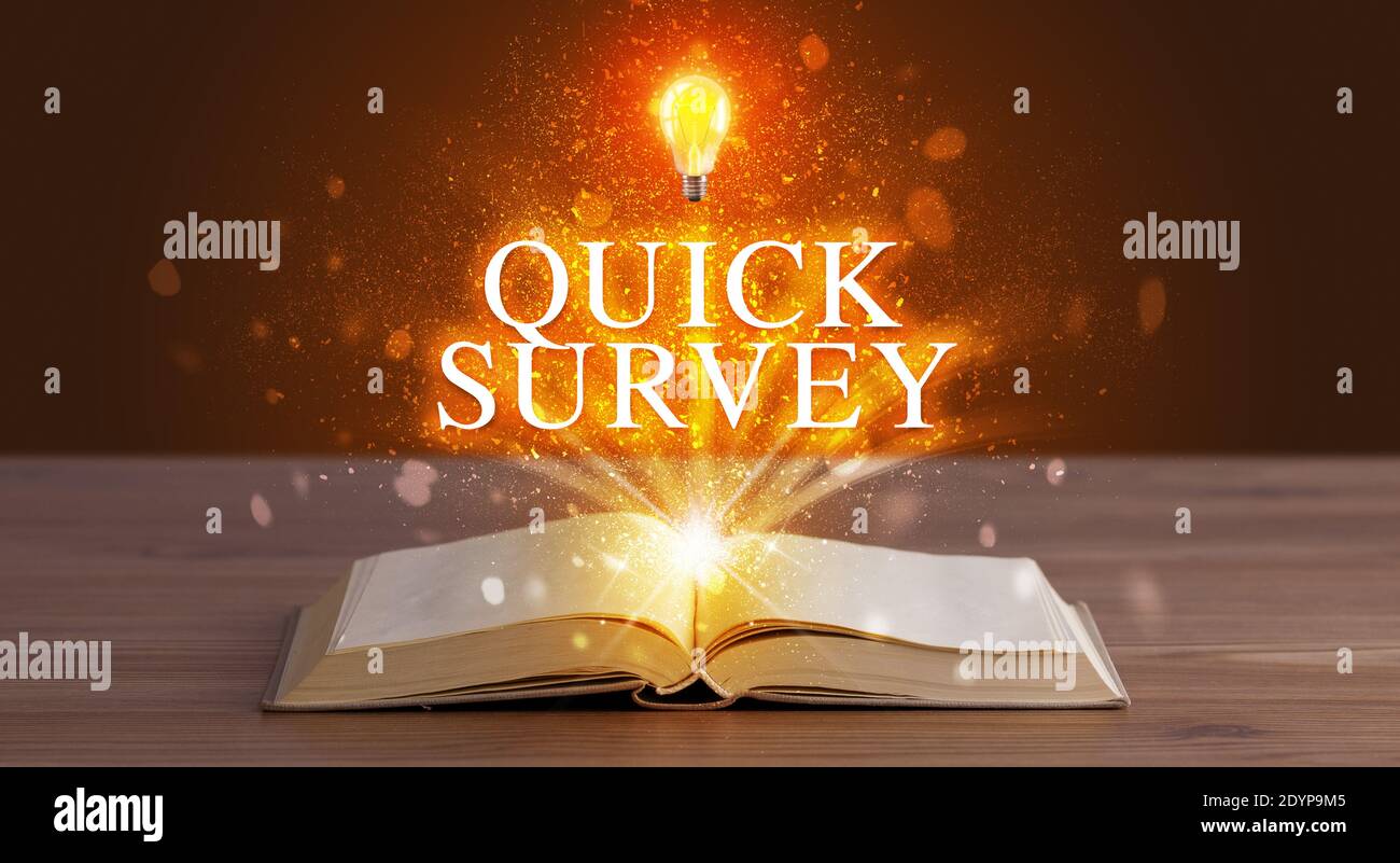 QUICK SURVEY inscription coming out from an open book, educational ...