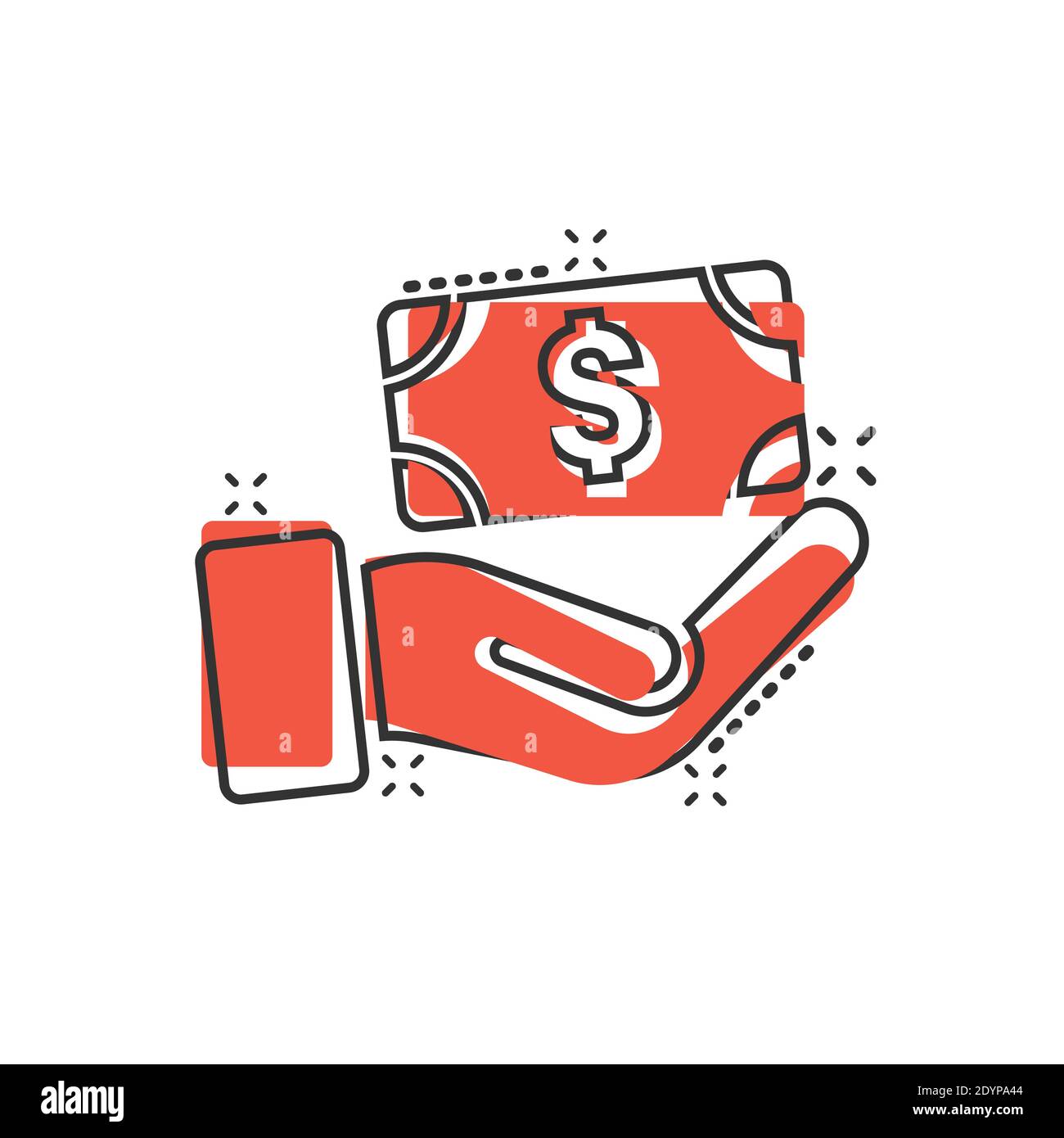 Remuneration icon in comic style. Money in hand cartoon vector ...