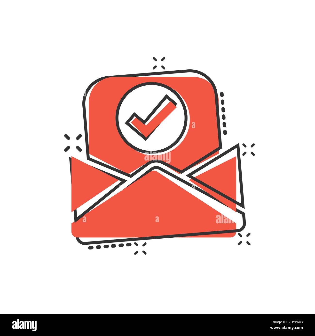 Envelope with confirmed document icon in comic style. Verify cartoon ...