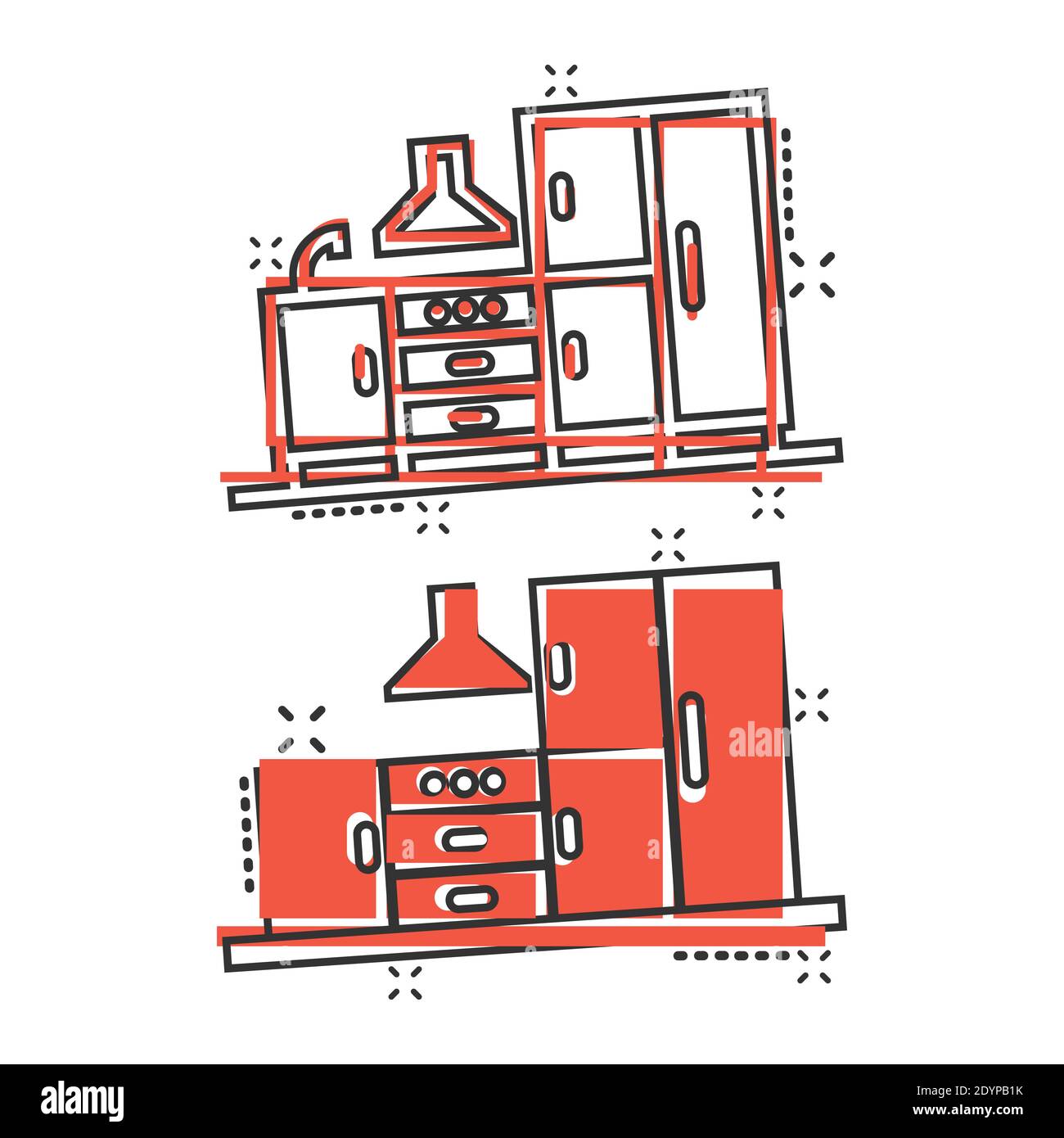 Kitchen furniture icon in comic style. Cuisine cartoon vector ...