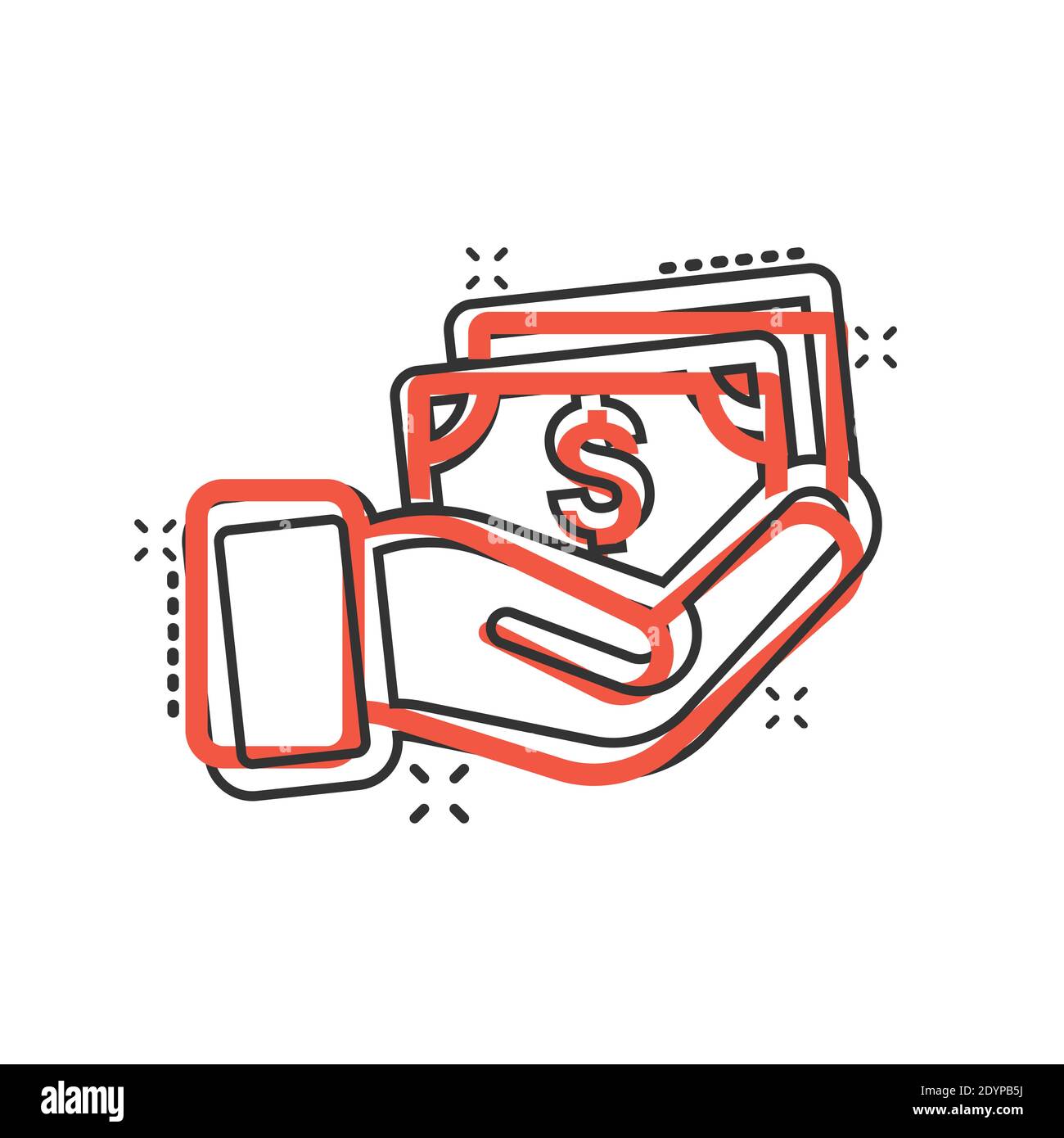 Remuneration icon in comic style. Money in hand cartoon vector ...