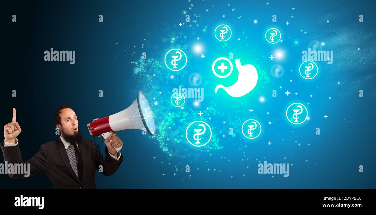 Young person shouting in megaphone and stomach icon, medical concept ...