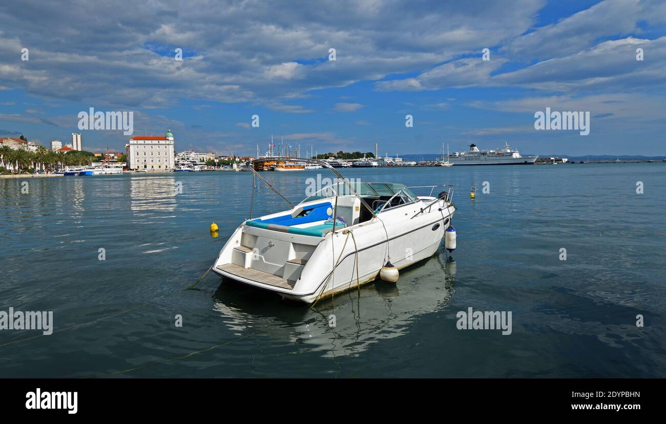 Power Boat moored at the harbour of Split Croatia with blue sky and ...