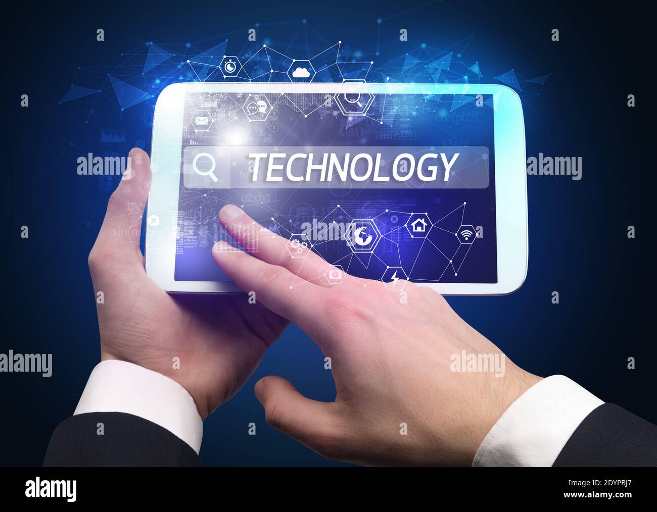 Close-up of a tablet searching TECHNOLOGY inscription, hi-tech ...