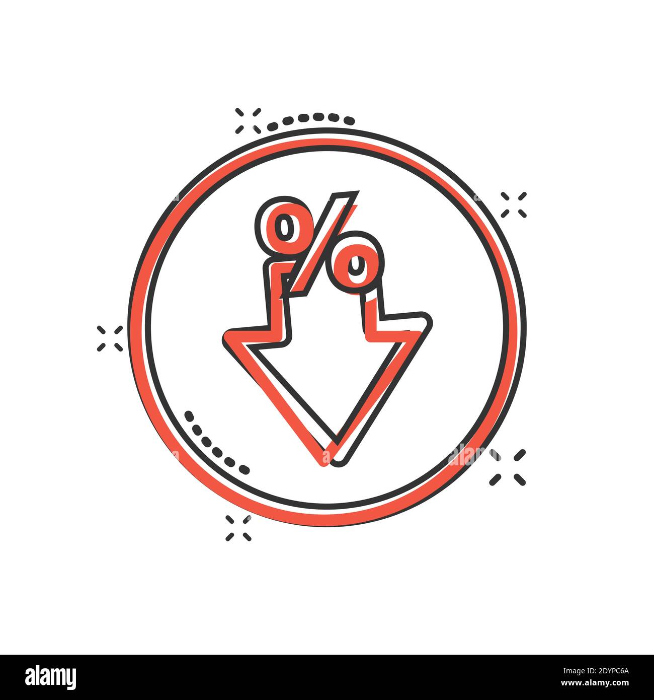 Decline arrow icon in comic style. Decrease cartoon vector illustration on white isolated ...