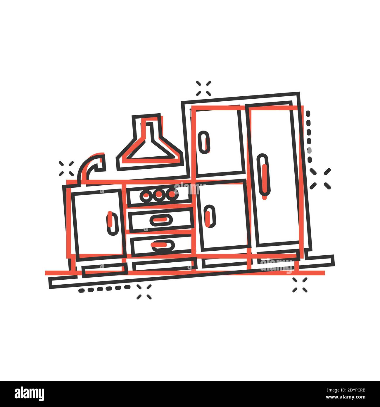 Kitchen furniture icon in comic style. Cuisine cartoon vector ...