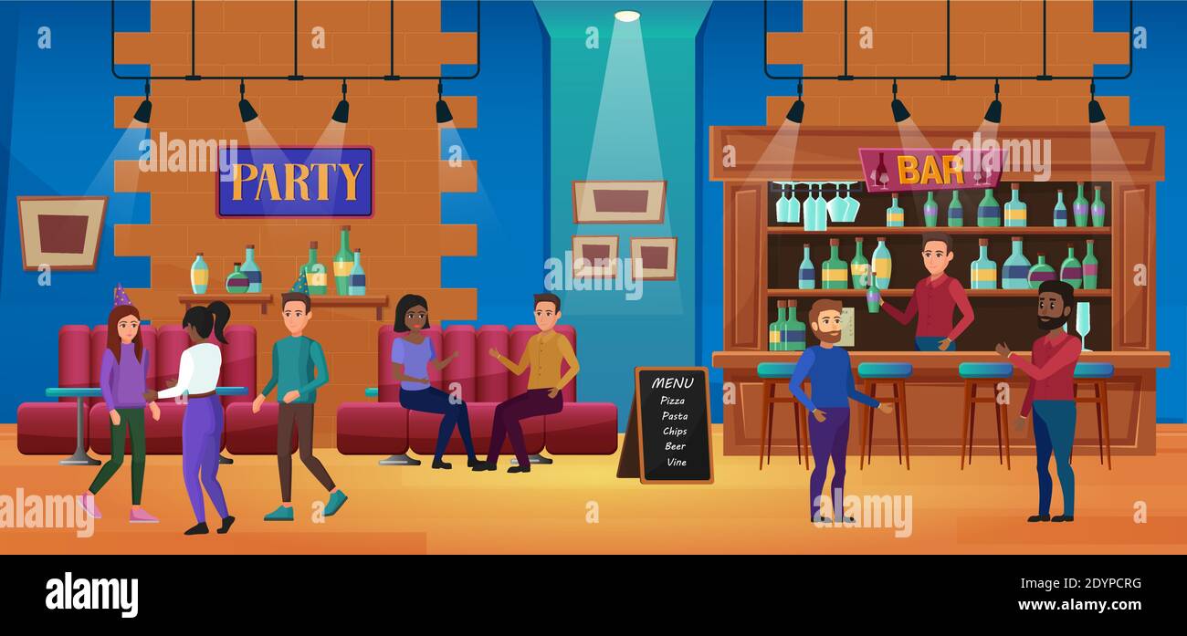 People on nightlife fun bar party vector illustration. Cartoon flat man ...