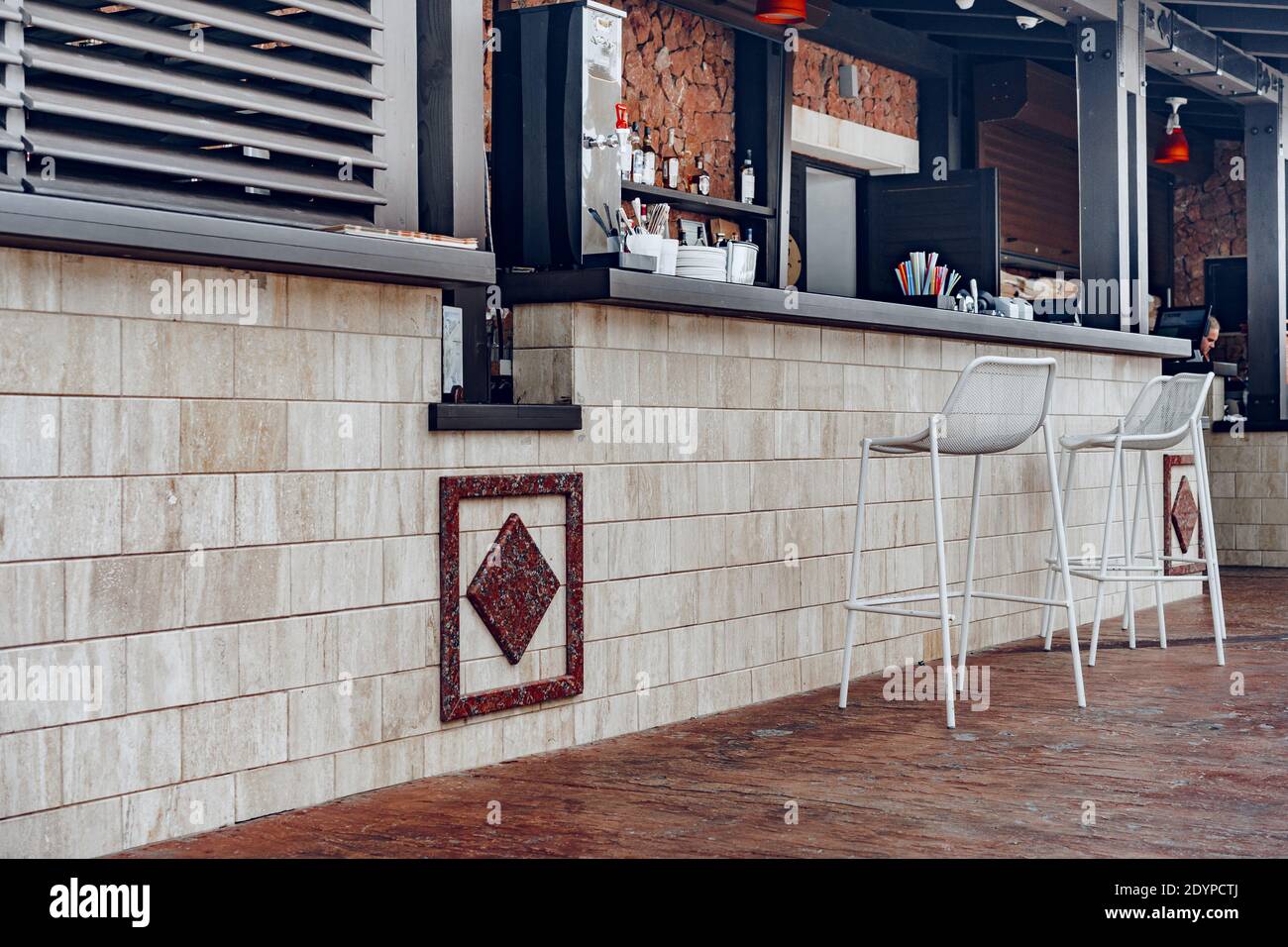 Empty resort hotel outside bar with counter Stock Photo - Alamy