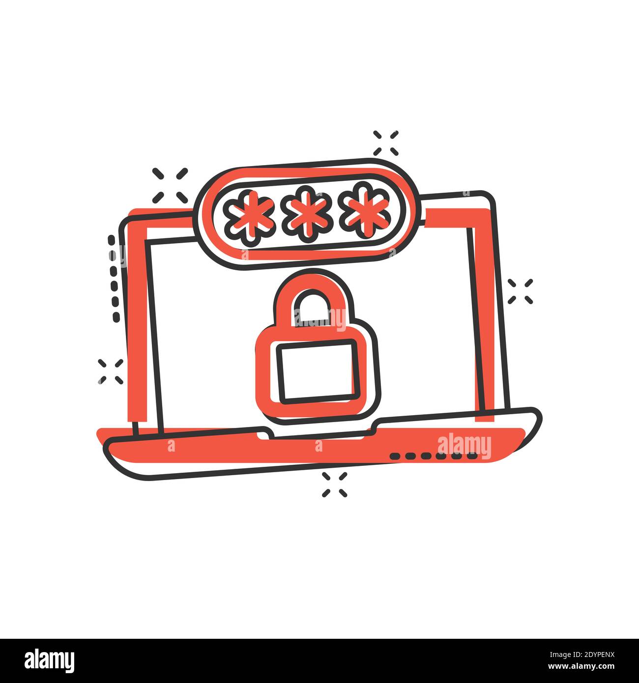 Laptop with password icon in comic style. Computer access cartoon ...