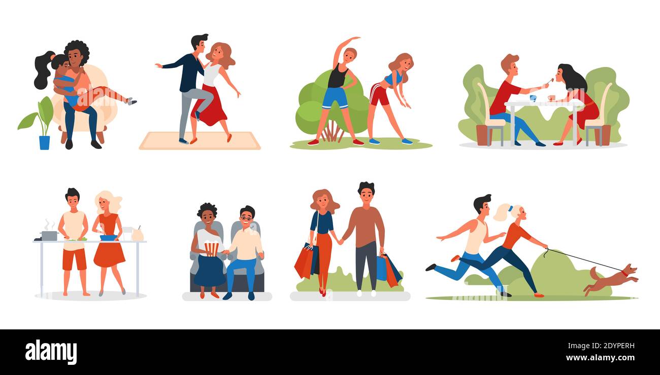 Couple people spend time together vector illustration set. Cartoon ...