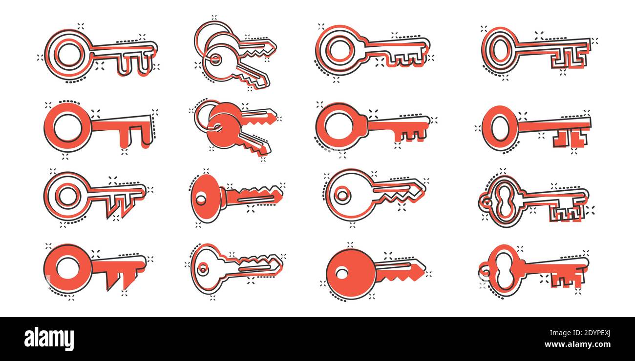 Key icon set in comic style. Password collection cartoon vector ...