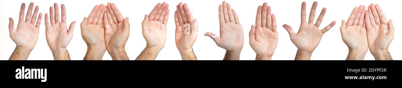 Male hand gestures and sign collection isolated cutout on white ...