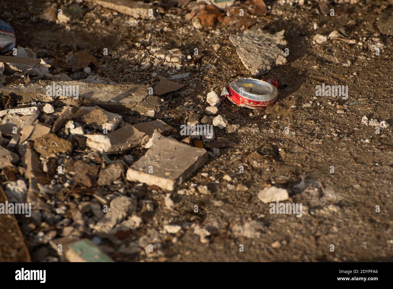 Trodden can. Construction site. Building is being reconstructed ...