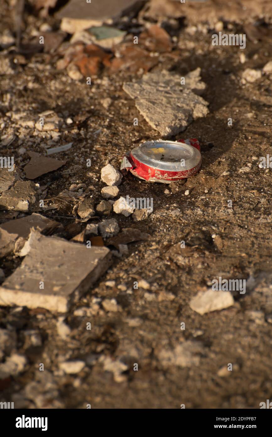 Trodden can. Construction site. Building is being reconstructed ...