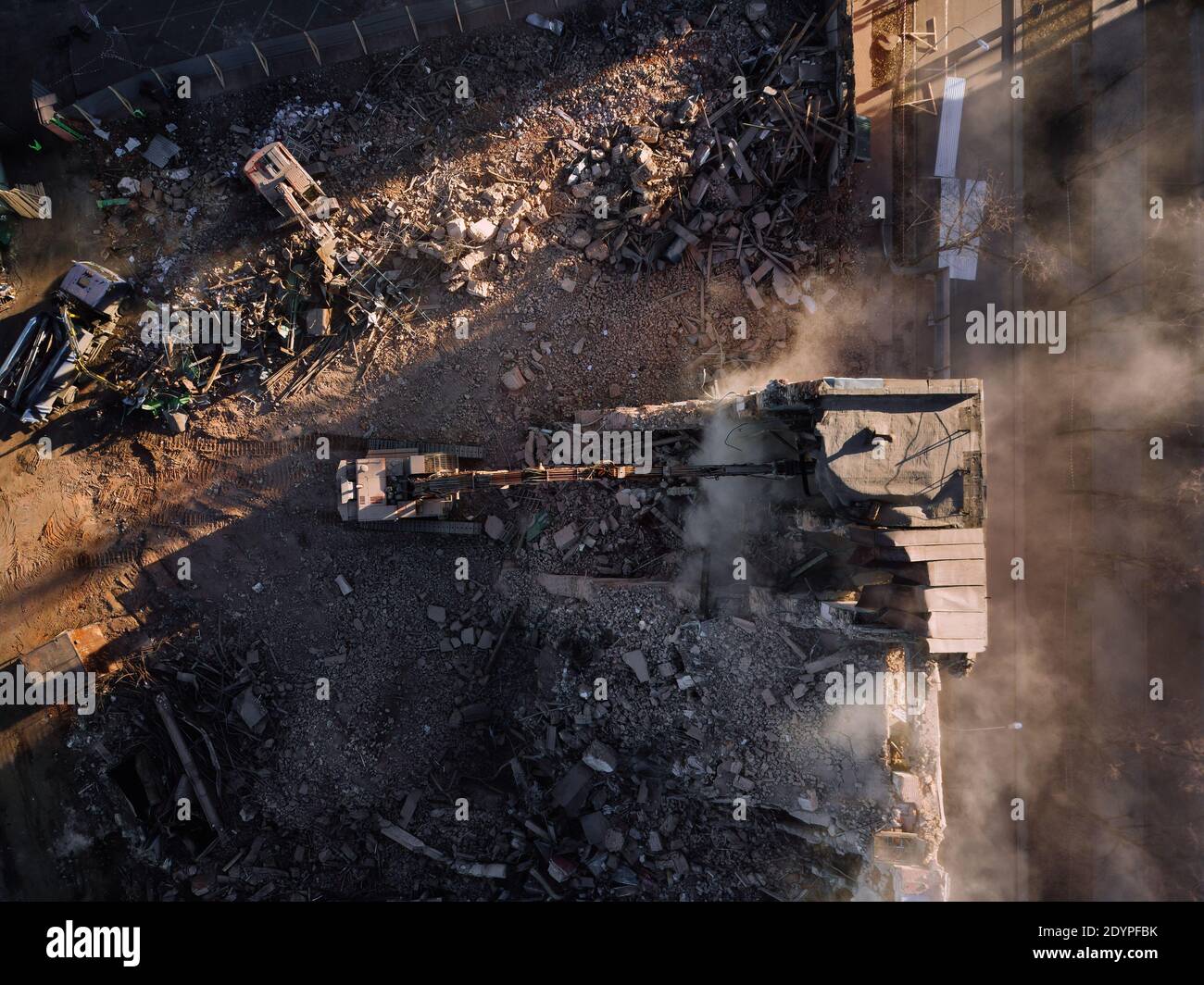 Aerial view of demolition site. Process of demolition of old industrial ...