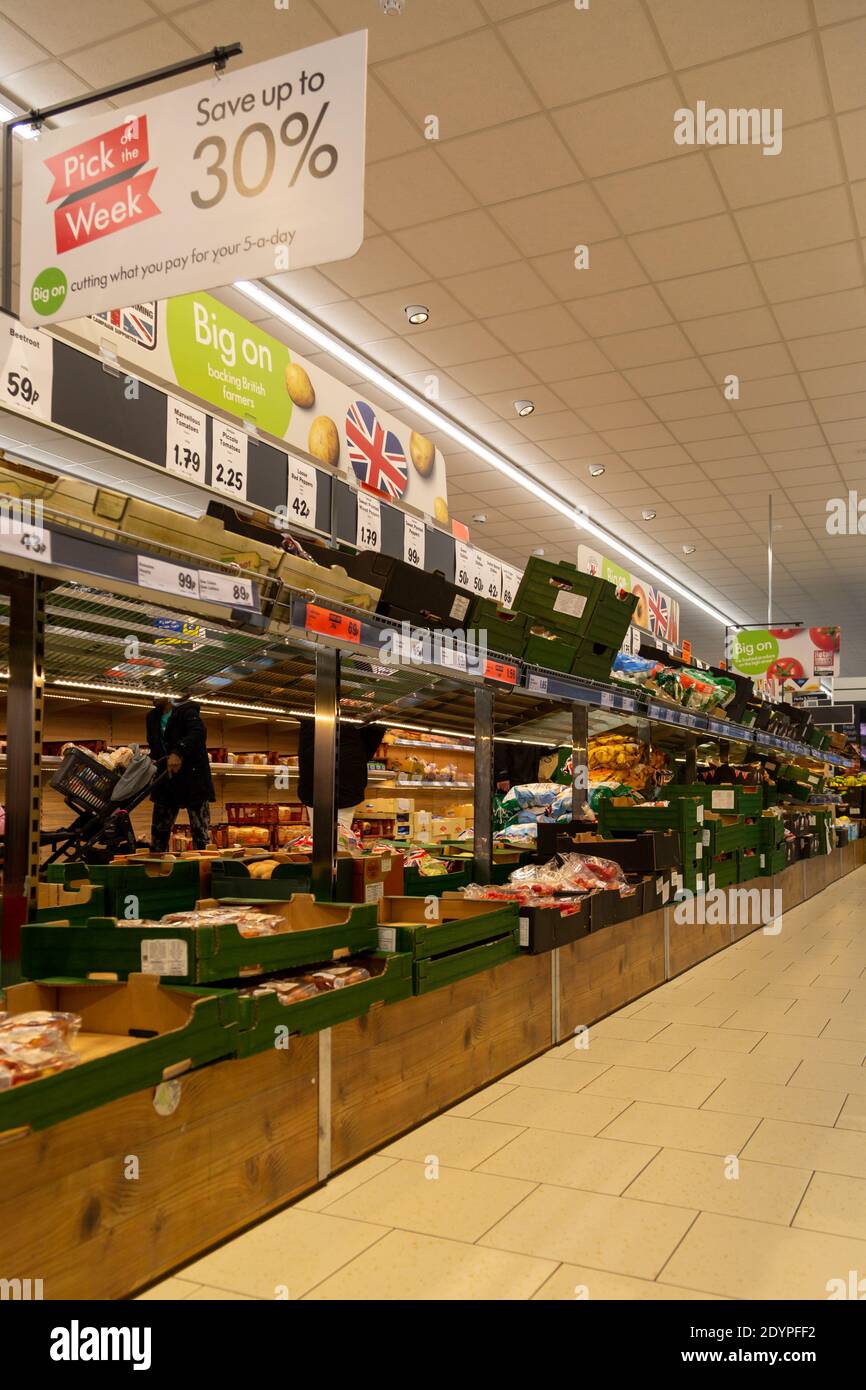 12-27-2020 Portsmouth, Hampshire, UK A fruit and veg aisle inside a ...