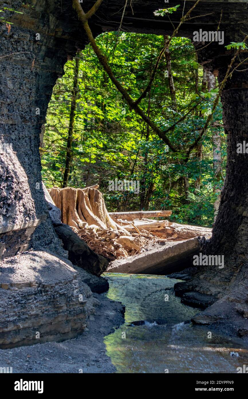 Hole drilled and forest cleared to create a man made waterfall. Hole in ...