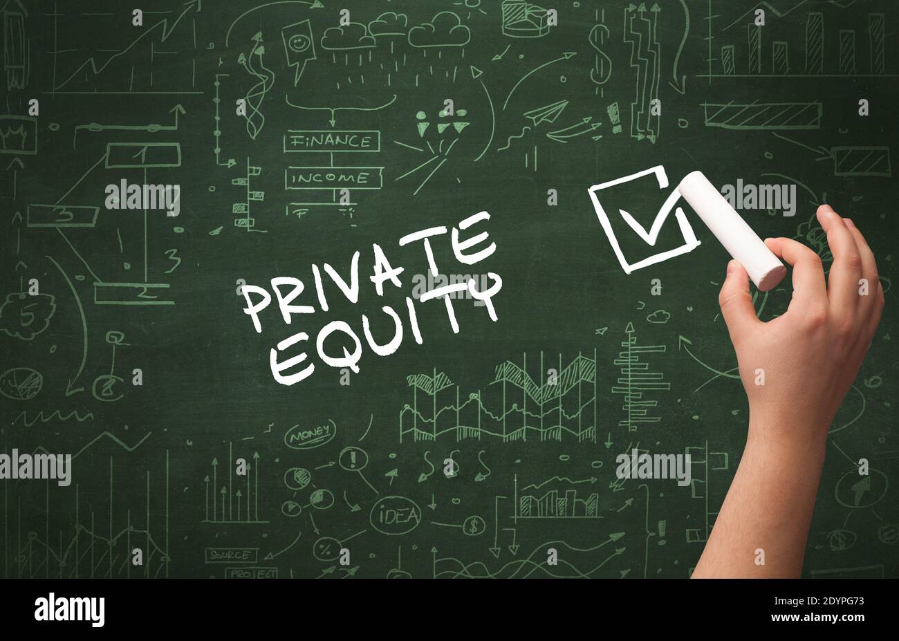 Hand drawing PRIVATE EQUITY inscription with white chalk on blackboard ...