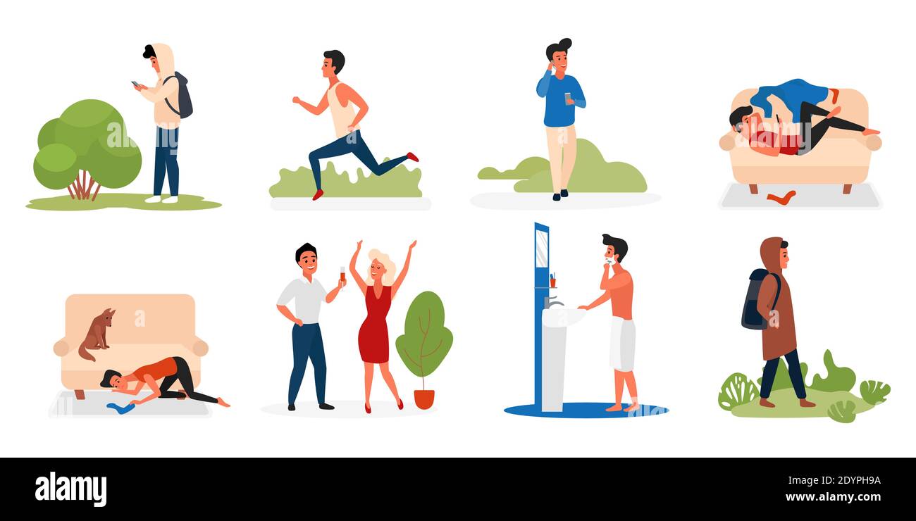 Man in daily activity vector illustration set. Cartoon active young ...