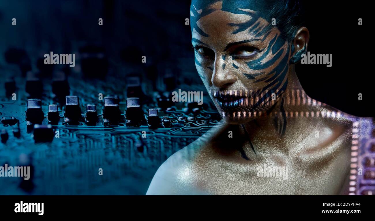 Female sentinel bot - data protector. Futuristic cyber vision of ...