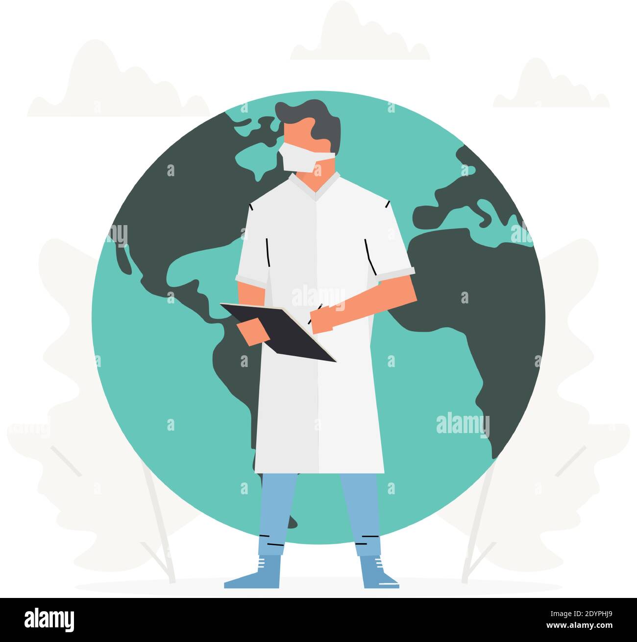 The doctor stands in front of a large Earth. Hospital man saving planet ...