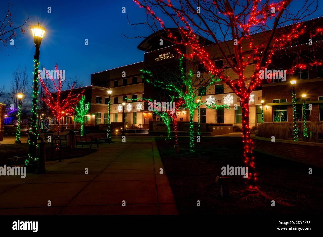 Night view of Meridian City Hall decked out with Christmas lights Stock ...