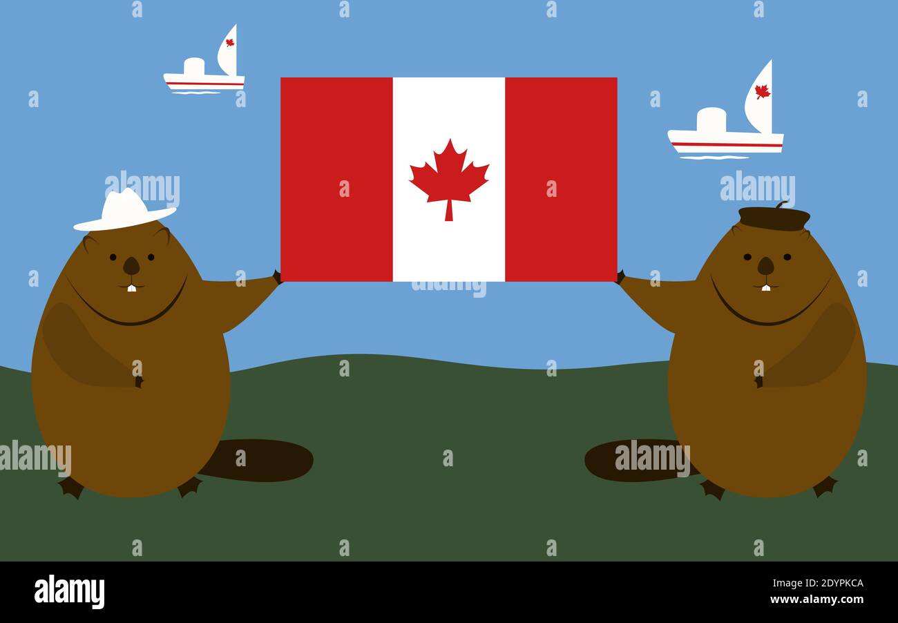 National Flag of Canada Day. Beavers Holding Canada Flag. Vector ...