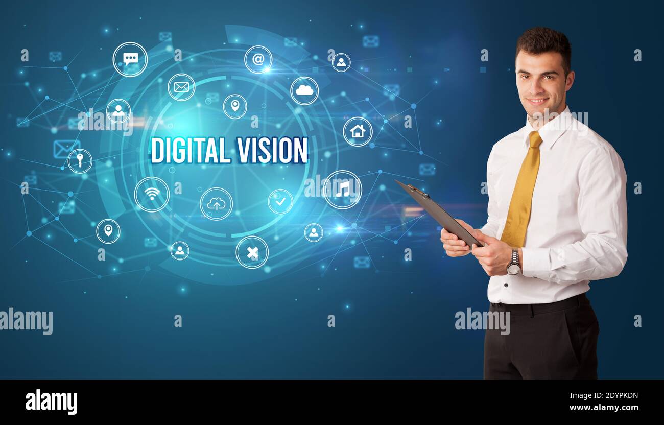 Businessman thinking in front of technology related icons and DIGITAL ...