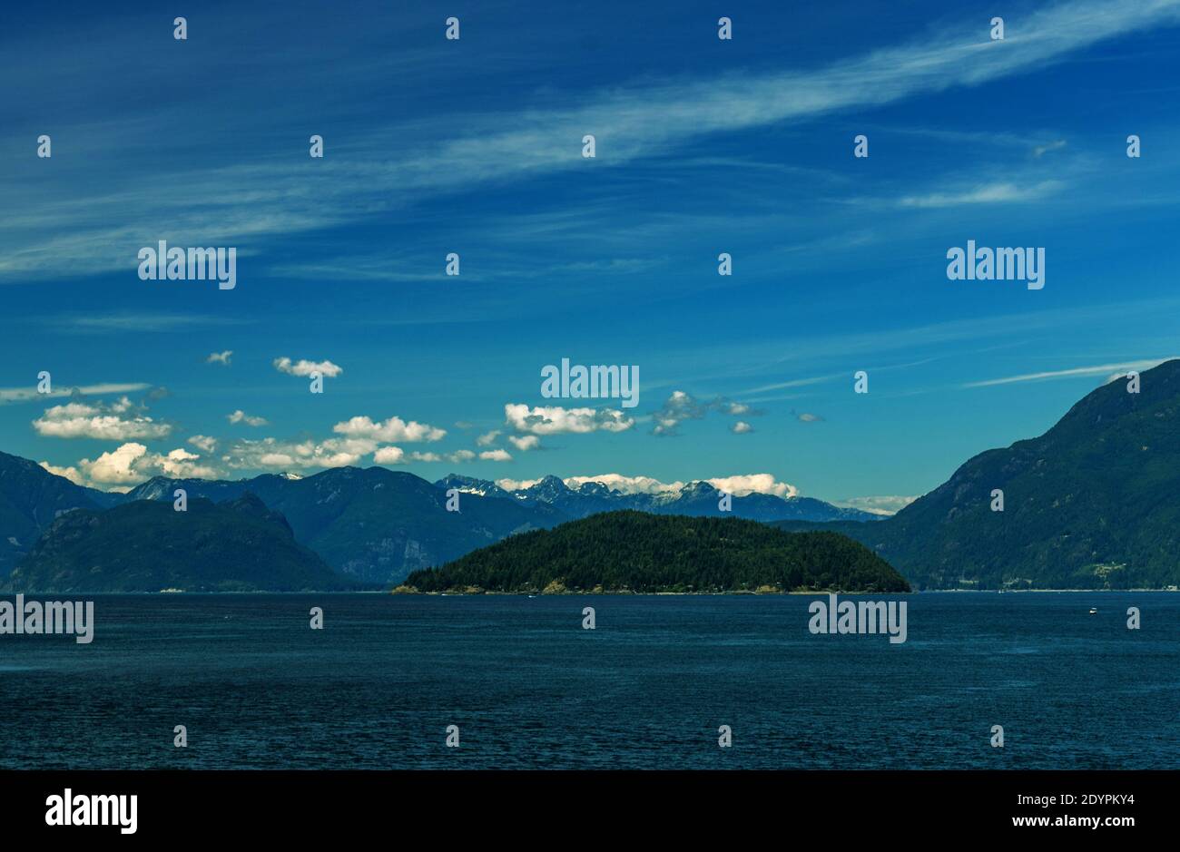 Islands, clouds, sea off the coast of BC, Canada. Nanaimo is a port ...