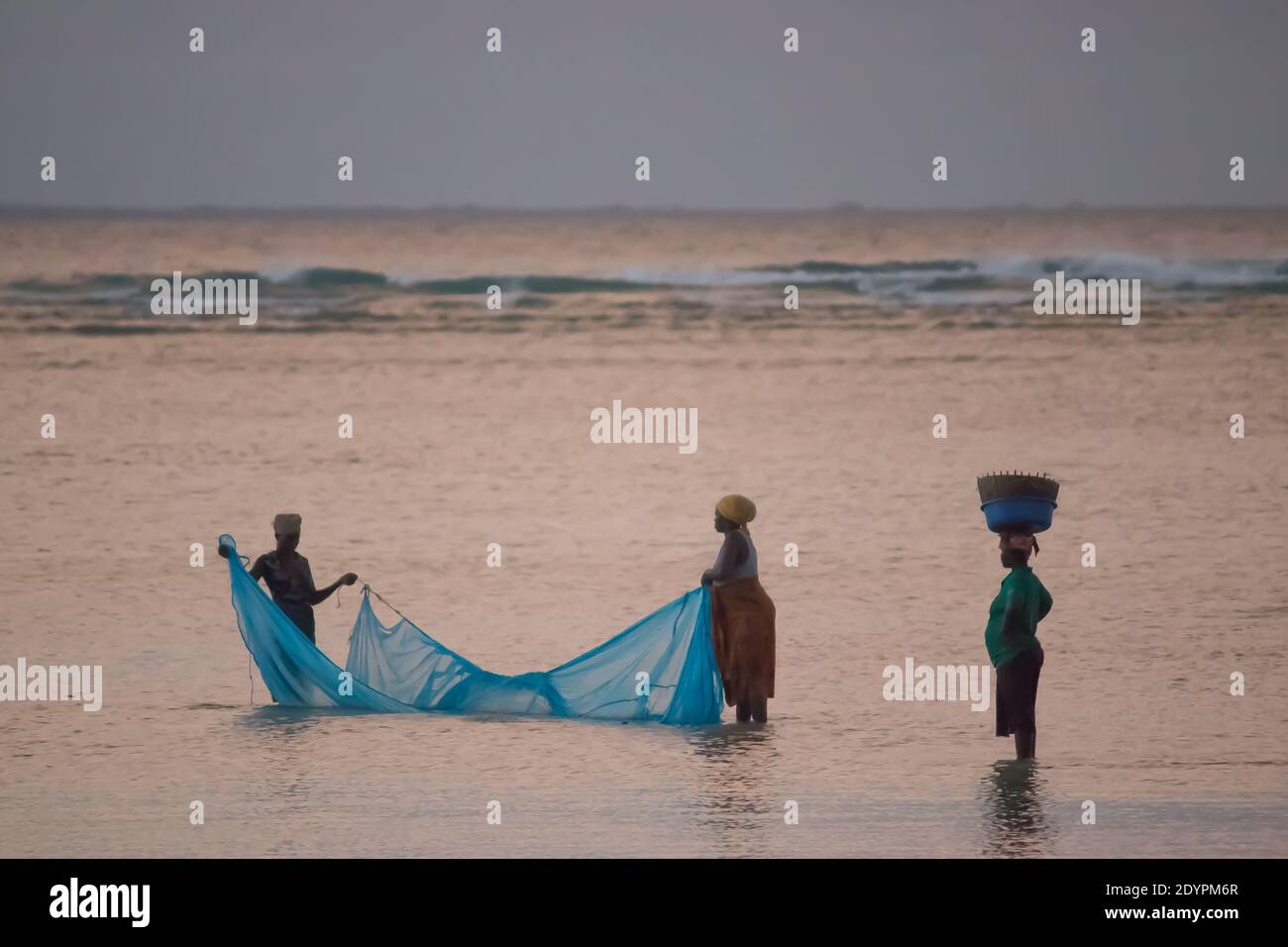 Silhouettes of African Woman catching fish with net, traditional rural ...