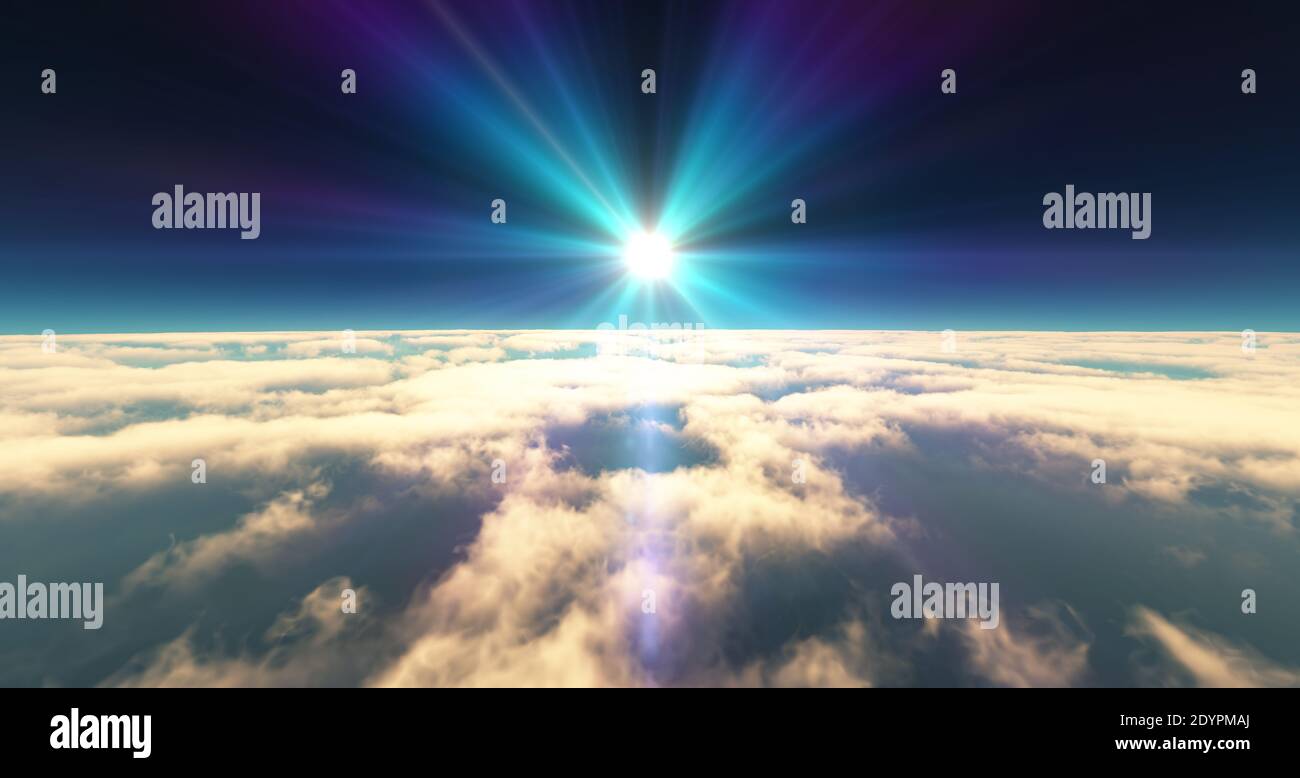 fly above clouds sunset landscape. 3d render illustration Stock Photo ...