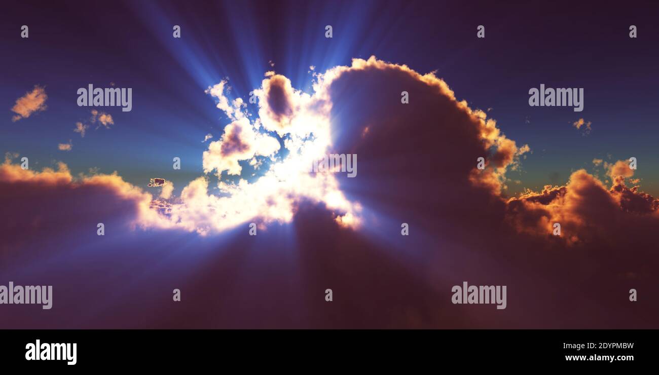 above clouds sun ray sunset. 3d render illustration Stock Photo - Alamy