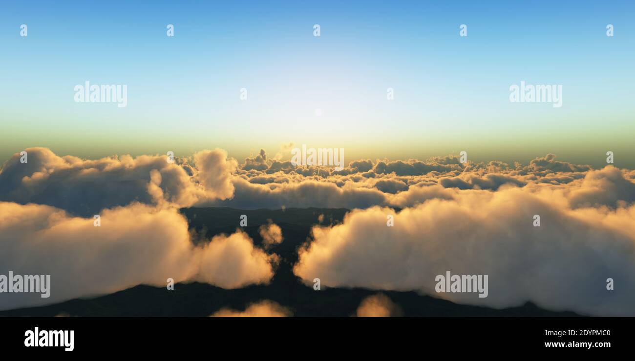 Beautiful aerial view above clouds with sunset. 3d illustration Stock ...