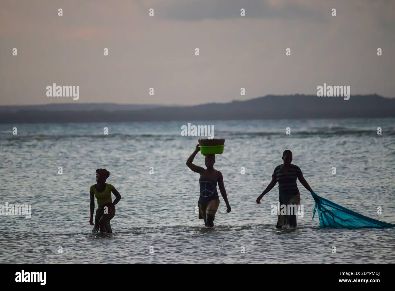Silhouettes of African Woman catching fish with net, traditional rural ...