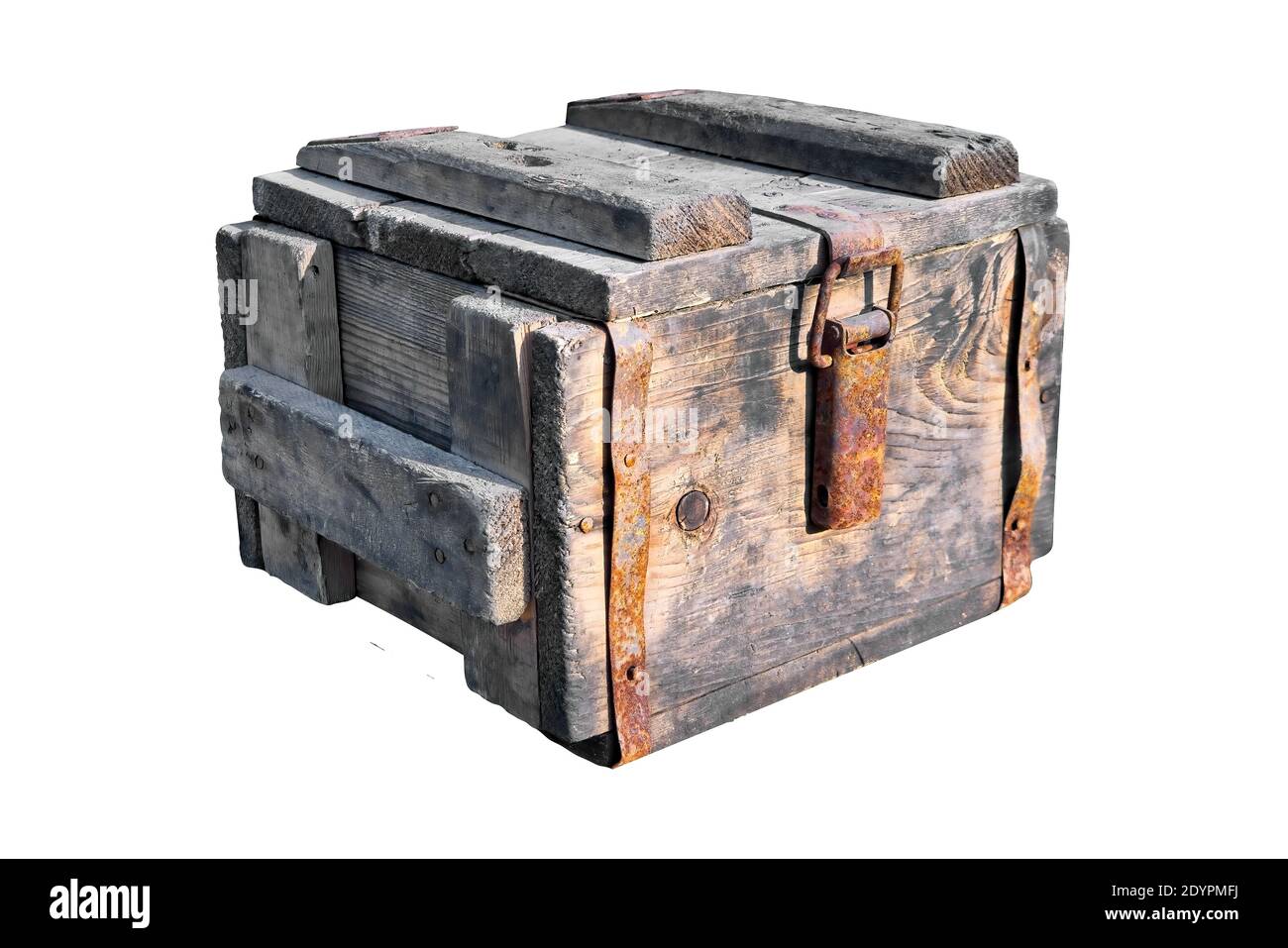 An antique wooden box with rusty metal hardware fittings isolate on ...