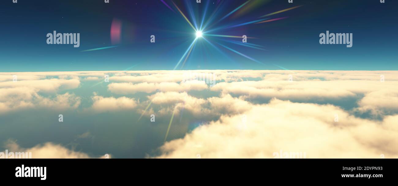 fly above clouds sunset landscape. 3d render illustration Stock Photo ...