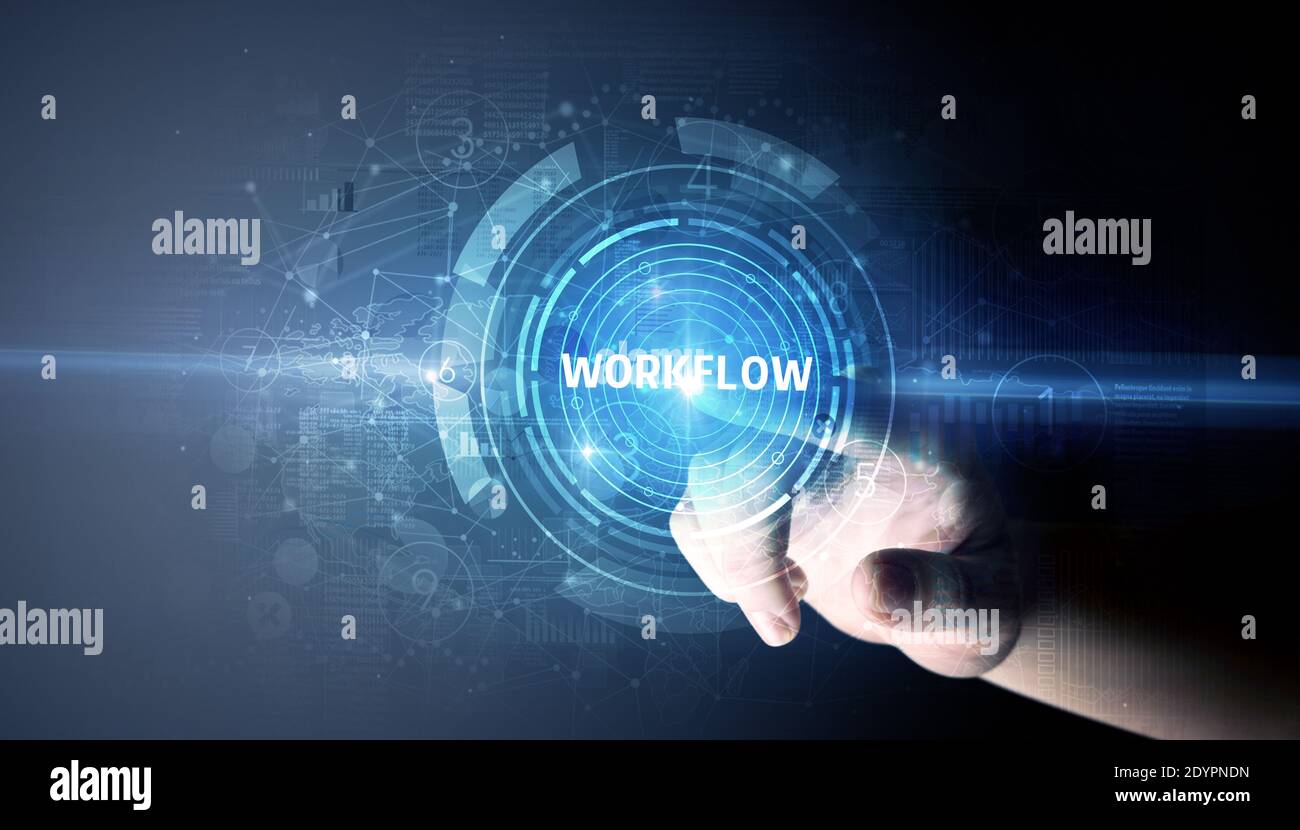Hand touching WORKFLOW button, modern business technology concept Stock ...