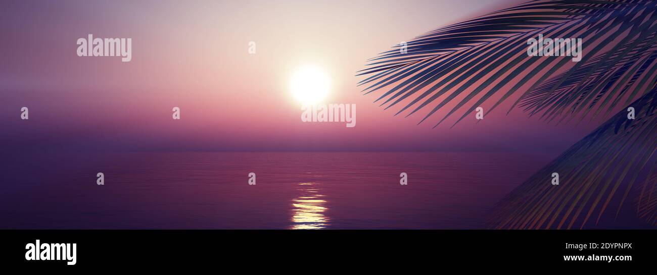 sunset sea palm landscape illustration, 3d render Stock Photo - Alamy