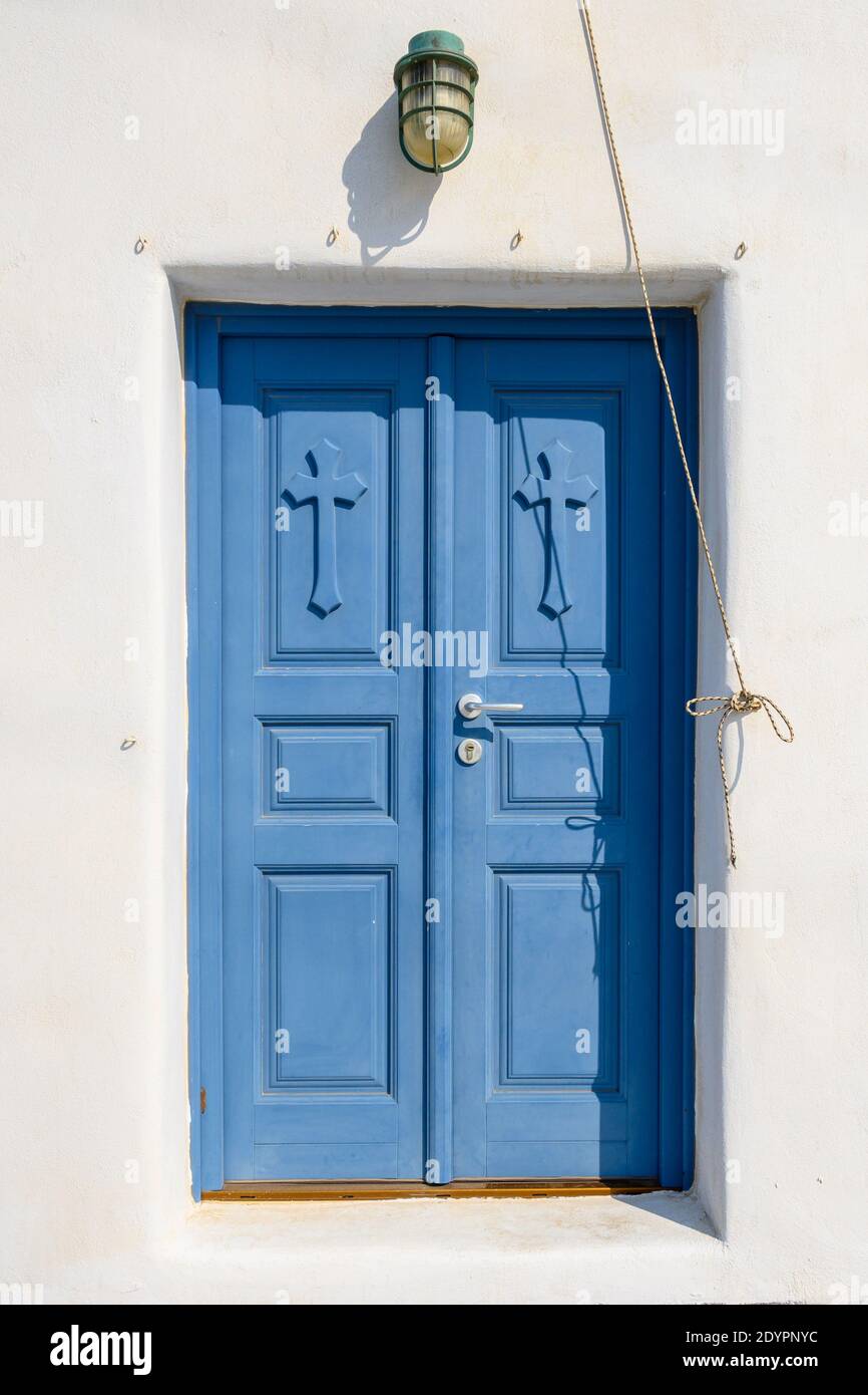 Blue door of traditional Greek church. Santorini, Greece Stock Photo ...