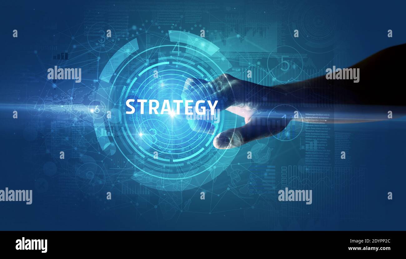 Hand touching STRATEGY button, modern business technology concept Stock ...