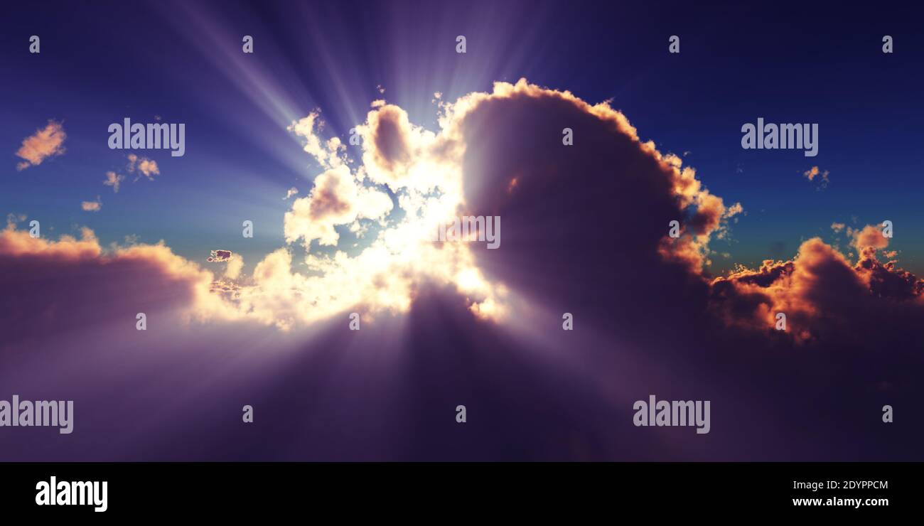 above clouds sun ray sunset. 3d render illustration Stock Photo - Alamy