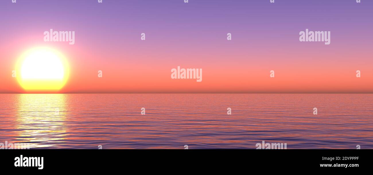 sunset sea sun ray clear sky, 3d rendering illustration Stock Photo - Alamy