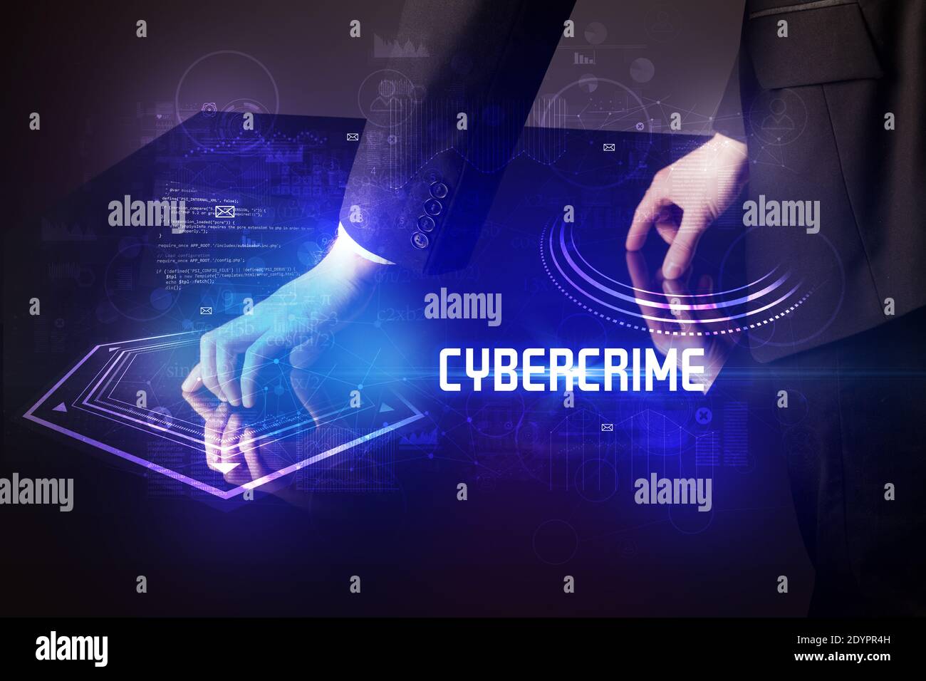 Hand touching digital table with CYBERCRIME inscription, new age ...