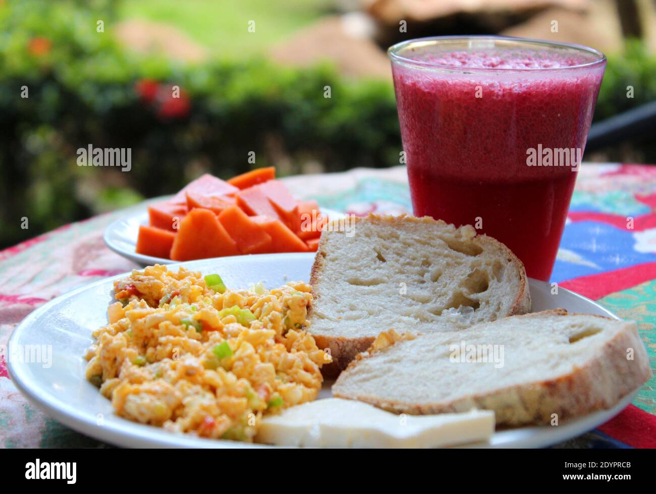 delicious tropical breakfast with many fruits and vegetables Stock ...