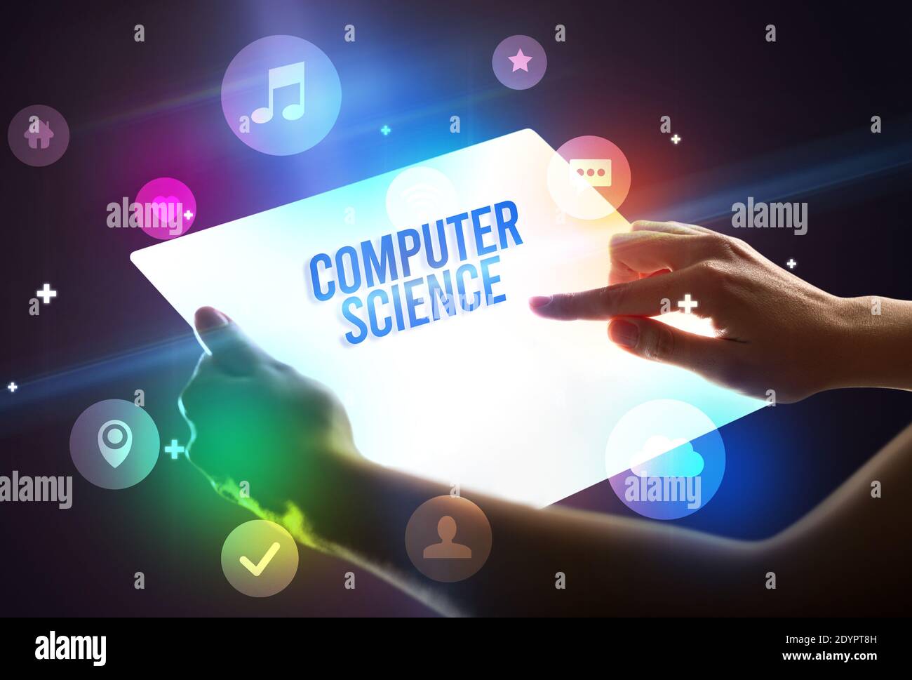 Holding futuristic tablet with COMPUTER SCIENCE inscription, new ...