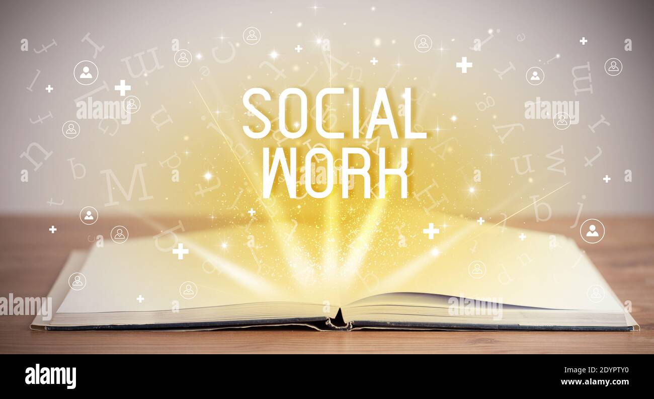 Open book with SOCIAL WORK inscription, social media concept Stock ...