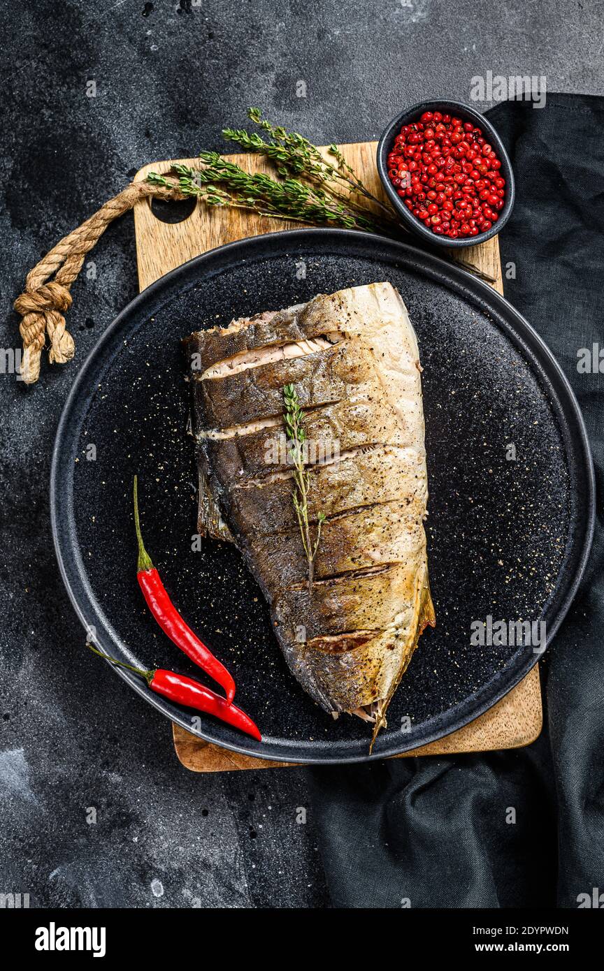 Baked Yellowtail, Japanese amberjack fillet. Gray background. Top view ...