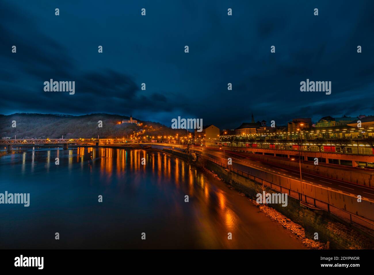 Night with orange lights in valley of river Labe near Usti nad Labem ...