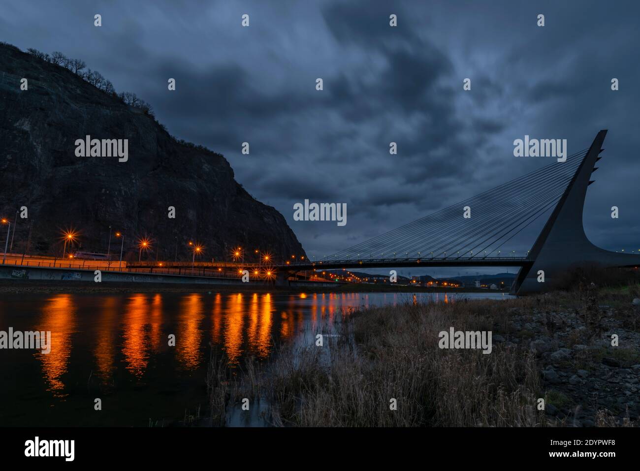 Night with orange lights in valley of river Labe near Usti nad Labem ...