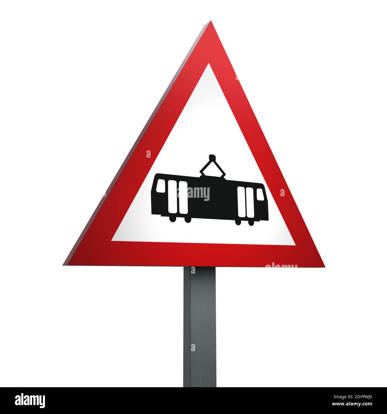 3D Render Road Sign of Trams crossing ahead Isolated on a White ...